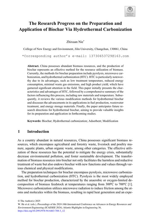 Pdf The Research Progress On The Preparation And Application Of Biochar Via Hydrothermal