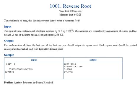 Coding Exercise Timus 1001 Reverse Root C Solution Online