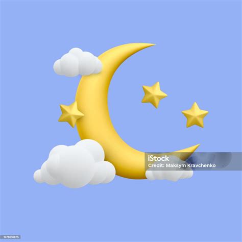 별과 구름이 있는 3d 현실적인 노란색 초승달 꿈 자장가 배너 브로셔 소책자 포스터 또는 웹 사이트에 대한 꿈 디자인 배경 벡터 그림 3차원 형태에 대한 스톡 벡터 아트 및