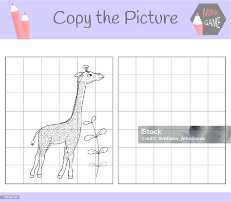 사진을 복사 귀여운 기린 색칠 공부 책입니다 어린이 위한 교육 게임입니다 벡터 일러스트 레이 션 기린에 대한 스톡 벡터 아트 및