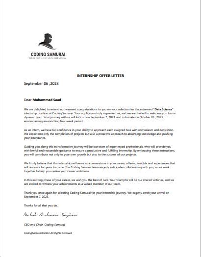 Muhammad Saad On Linkedin Internship Datascience Codingsamurai