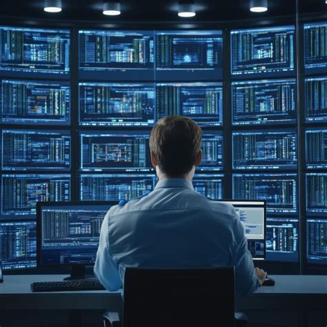 Security Analyst Monitoring Threats In Data Center Implementing Cybersecurity Measures Premium