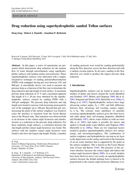 Pdf Drag Reduction Using Superhydrophobic Sanded Teflon Surfaces
