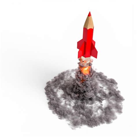 Premium Photo Red Pencilshaped Rocket With Smoke On A White Background 3d Render