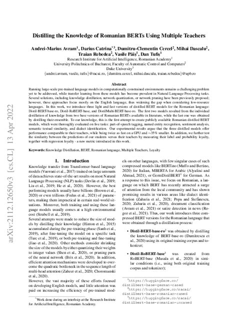 Pdf Distilling The Knowledge Of Romanian Berts Using Multiple Teachers