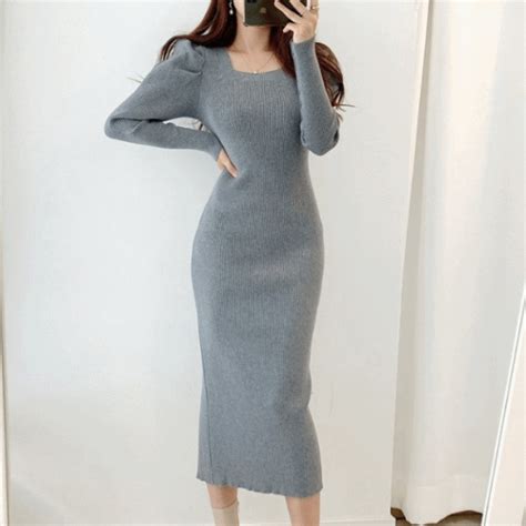 유미스토리 당일배송 무배 데일리 미시룩 스퀘어넥 슬림핏 퍼프소매 H라인 니트 롱원피스 2c 니트원피스 겨울원피스 트위드