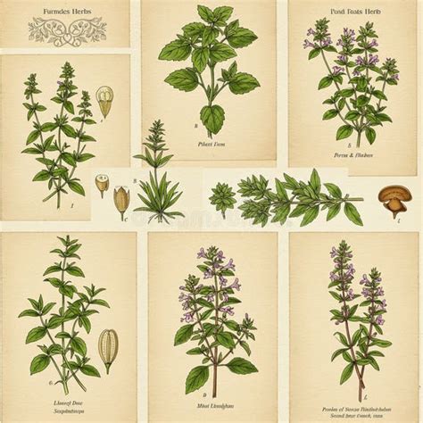 Botanical Illustration Features Various Herbs In A Vintage Style Each