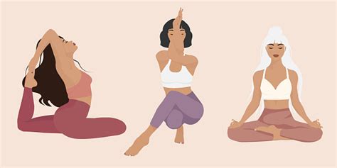 집합 마음 챙김 명상과 요가 배경 파스텔 빈티지 색상에 여성과 함께 교차 다리와 함께 앉아 명상 벡터 일러스트레이션 젊은 여자에