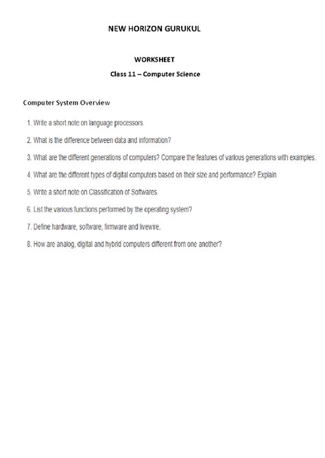 Cs Worksheet Cl 11 Computer Science Sl New Horizon Gurukul Worksheet Class 11 Computer