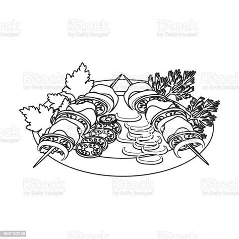 맛 있는 음식 시 케밥과 샐러드 음식과 요리 개요 스타일 벡터 기호 재고 일러스트 웹에서 하나의 아이콘 그릇에 대한 스톡 벡터 아트 및 기타 이미지 Istock
