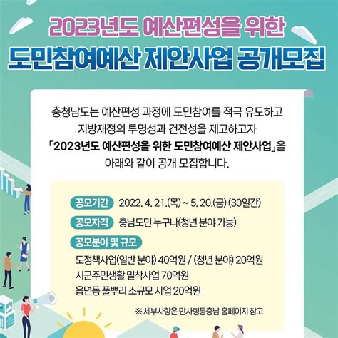천안청년센터 이음 도민참여예산이란 도민참여예산제는 예산편성 등 예산운영 전 과정에 도민들의 직접