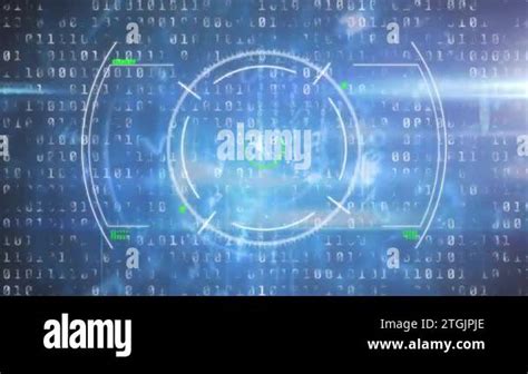 animation of viewfinder and binary code on navy background with lights