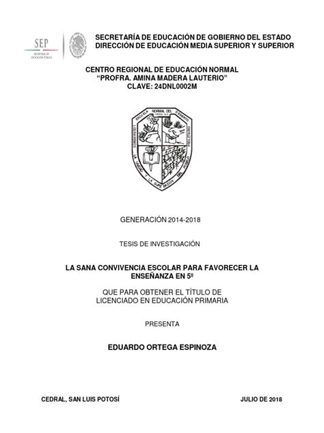 La Sana Convivencia Escolar Para Favorecer La Enseñanza En 5º Pdf