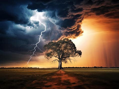 Premium Photo Lightning Hitting A Tree Under A Stormy Sky In The Style Of Grandeur Of Scale