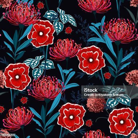 어두운 정원 밤 완벽 한 패턴 식물 레드 꽃 화려한 꽃 장식 벡터 텍스처에 격리 합니다 손으로 그린 스타일 디자인 직물 인쇄 귀여운에 대한 스톡 벡터 아트 및 기타 이미지