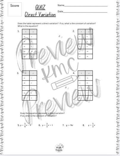 quiz for direct variation graphs tables equations by kyms math corner