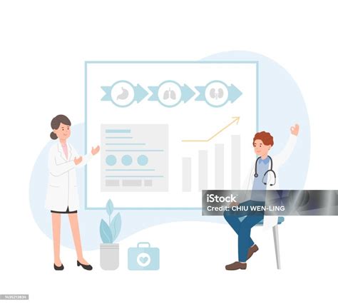 구급 대원 또는 의료 전문가 또는 과학자가 프리젠 테이션 보드 차트 아이콘 추상적 인 그래픽 요소의 벡터 세트 데이터 통계 인포 그래픽 분석 도구를 가리키는 남성 또는 여성