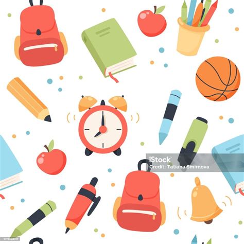 학교 원활한 패턴 학습을위한 소모품 및 장비 플랫 만화 스타일의 귀여운 벡터 일러스트 레이 션 계산기에 대한 스톡 벡터 아트 및