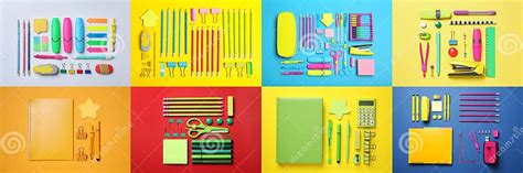 Collage With Photos Of Various School Stationery On Different Color