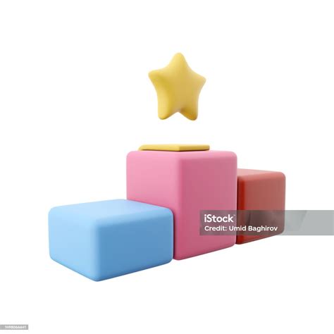 3d 렌더링 우승자는 트로피 금상 우승자 및 금메달 별과 함께 연단에 올랐습니다 의식 받침대 캐리커처 스타일 상 1 위 2 위 및 3 위 3d 렌더링 우승자 연단