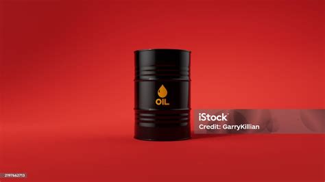 빨간 배경에 단 하나 까만 금속 기름통 앞 모습 석유 산업 개념 3d 렌더링 일러스트레이션 3차원 형태에 대한 스톡 사진 및
