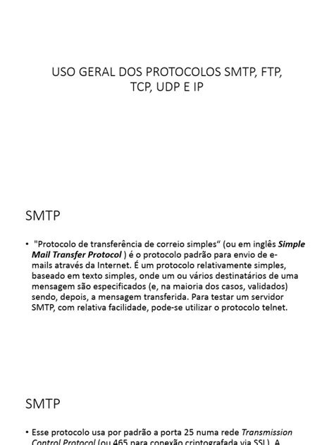 Uso Geral Dos Protocolos Smtp Ftp Tcp Udp E Ip Pdf Protocolo De