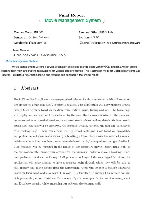 Final Dbms Reportpdf Edited Final Report Movie Ticket Booking