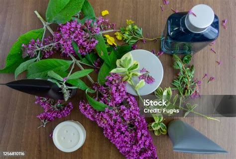 검은 색 실버 튜브 맑은 물병 크림 상자 와 나무 책상에 꽃 비누의 평평한 누워 배경 제품 게재 위치 배경 0명에 대한 스톡 사진 및 기타 이미지 Istock