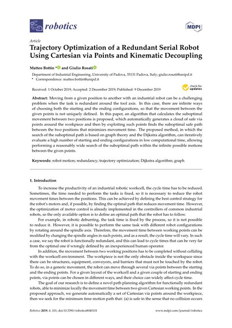 Pdf Trajectory Optimization Of A Redundant Serial Robot Using Cartesian Via Points And