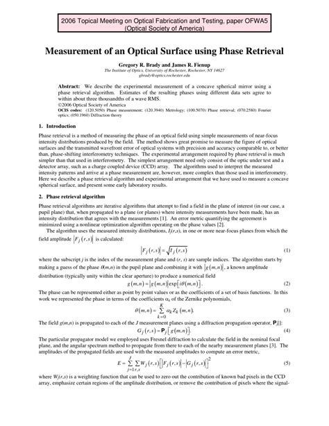 Pdf Measurement Of An Optical Surface Using Phase Retrieval