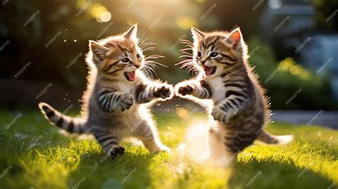 Premium Photo Two Kittens Playing In The Grass With The Sun Behind Them