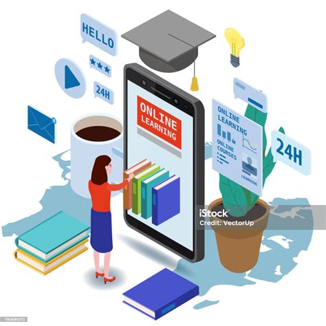 온라인 교육 아이소메트릭 랜딩 아이콘 구성 은 스마트 폰 전자 도서관 온라인 글로벌 교육 교육 과정 대학 연구 및 디지털 도서관에서 책을 복용 하는 작은 여성과 함께 벡터