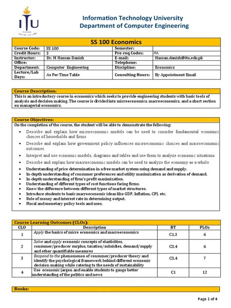 Ss 100 Economics Course Outline Economics Pdf Economics Microeconomics