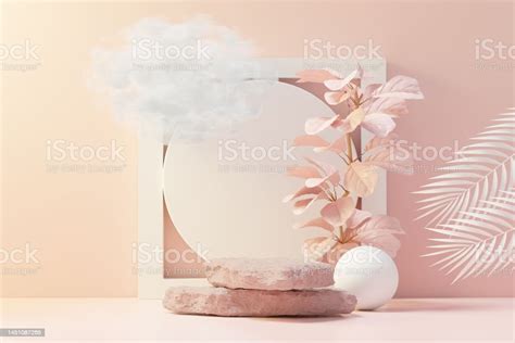 열대 나뭇잎과 푸른 하늘 구름 파스텔과 식물 장면이 있는 추상 받침대 연단 디스플레이의 3d 렌더링 광고를 위한 제품 및 판촉 개념 블루 파스텔 자연 배경입니다 0명에 대한