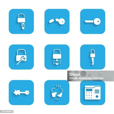 세트 키는 자물쇠 부서지거나 금이 간 하우스 인터콤 시스템 잠긴 키 이전 수리 및 픽 아이콘 따기 의 내부에 파산 벡터 고풍스런에 대한 스톡 벡터 아트 및 기타 이미지