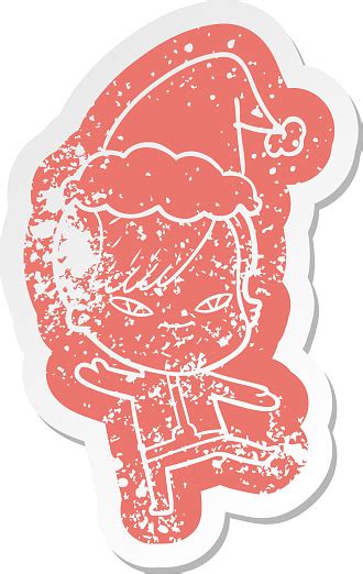 산타 모자를 쓰고 힙스터 이발을 한 소녀의 귀여운 기발한 만화 고민 스티커 고풍스런에 대한 스톡 벡터 아트 및 기타 이미지