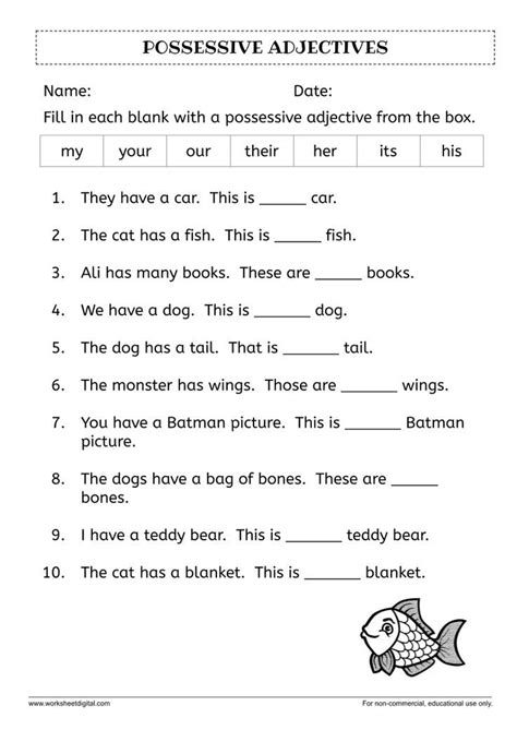 English Grammar Worksheets Possessive Adjectives Adjective Worksheet