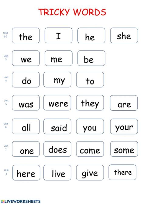 Tricky Words Unit 1 8 Worksheet In 2023 Tricky Words Kindergarten