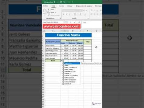 Función suma en Excel