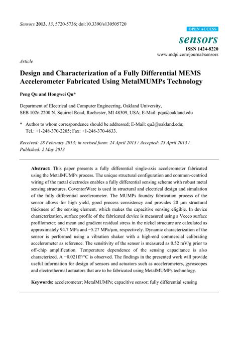 Pdf Design And Characterization Of A Fully Differential Mems Accelerometer Fabricated Using