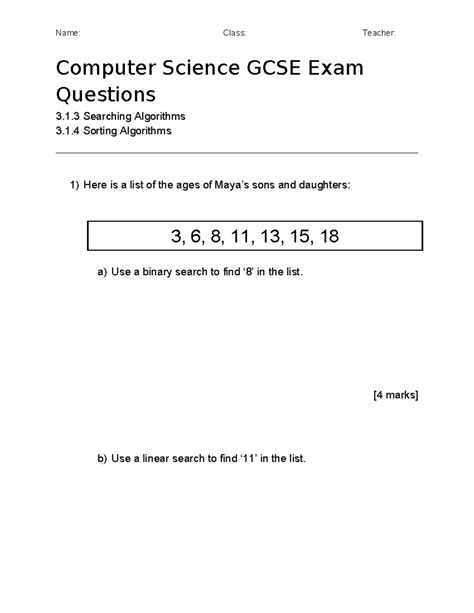 Gcse Computer Science Exam Searching And Sorting Algorithms Workbook