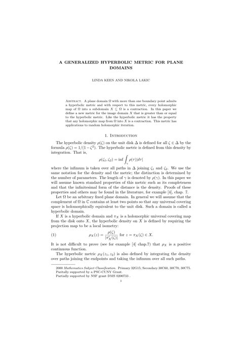 Pdf A Generalized Hyperbolic Metric For Plane Domains
