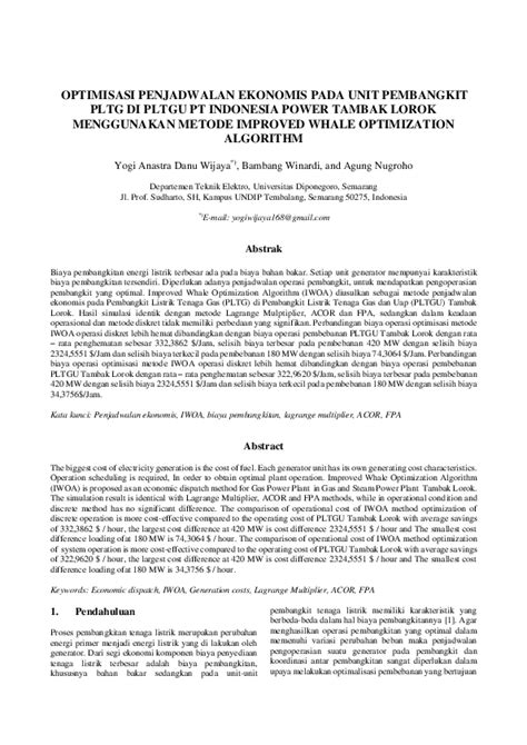 Pdf Optimisasi Penjadwalan Ekonomis Pada Unit Pembangkit Pltg Di