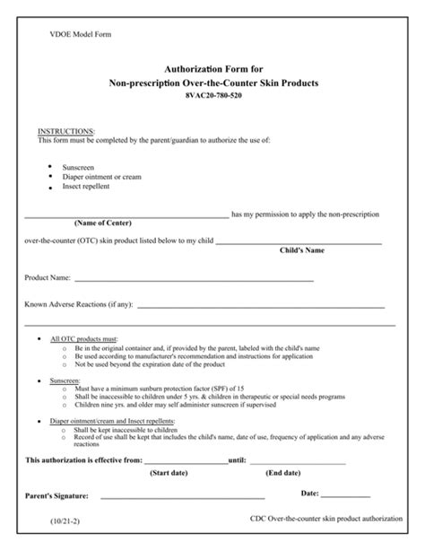 Virginia Authorization Form For Non Prescription Over The Counter Skin