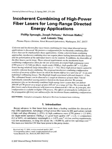 Incoherent Combining Of High Power Fiber Laser Pdf