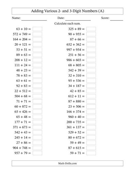 3 Digit Horizontal Addition Worksheets