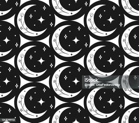 추상 적인 배경 원활한 패턴 초승달 별 가지 나뭇잎 꽃 열매 0명에 대한 스톡 벡터 아트 및 기타 이미지 0명 검은색