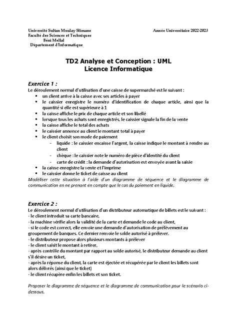 Td2 Uml 2023 Td Modélisation Uml Université Sultan Moulay Slimane