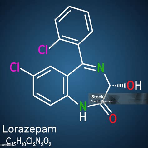 로라제팜 분자 그것은 진정 제와 벤조디아제핀 완화 속성 공황 장애를 치료 하는 데 사용 심한 불안 발작 짙은 파란색 배경의