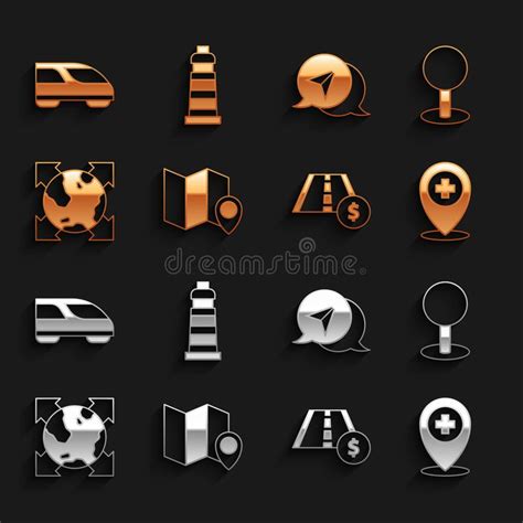 Set Folded Map With Location Marker Push Pin Location Cross Hospital Toll Road Traffic Sign